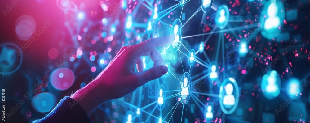 Digital technology background with human hand touching social media ...