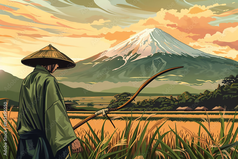 Wheat field scene of japanese traditional style painting wide and huge ...