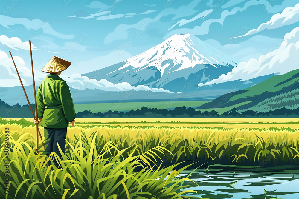 Wheat field scene of japanese traditional style painting wide and huge ...