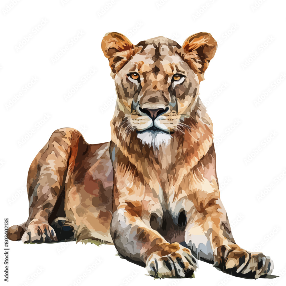 Watercolor painting of a lioness (lion), isolated on a white background ...
