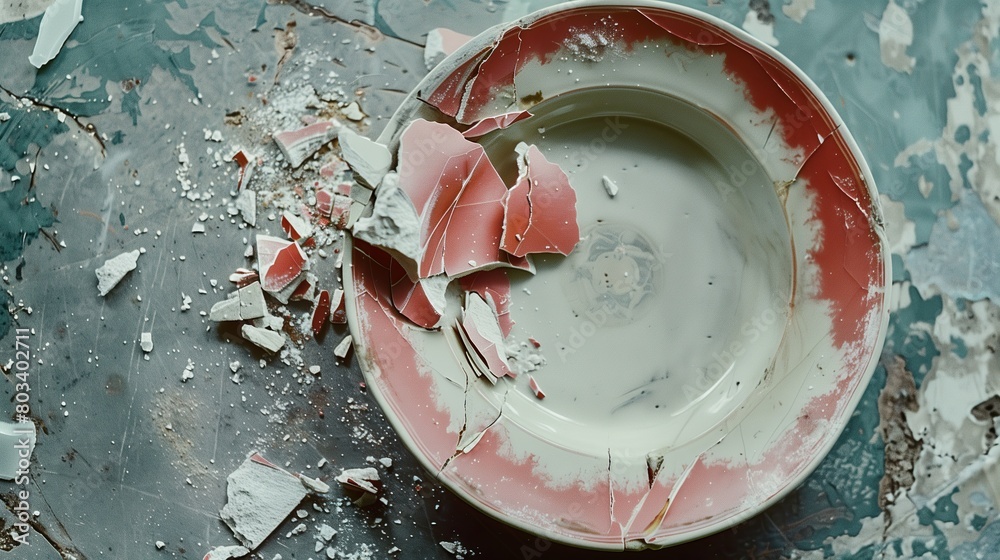 Beautiful stylish plate broken into pieces, top view background Stock ...