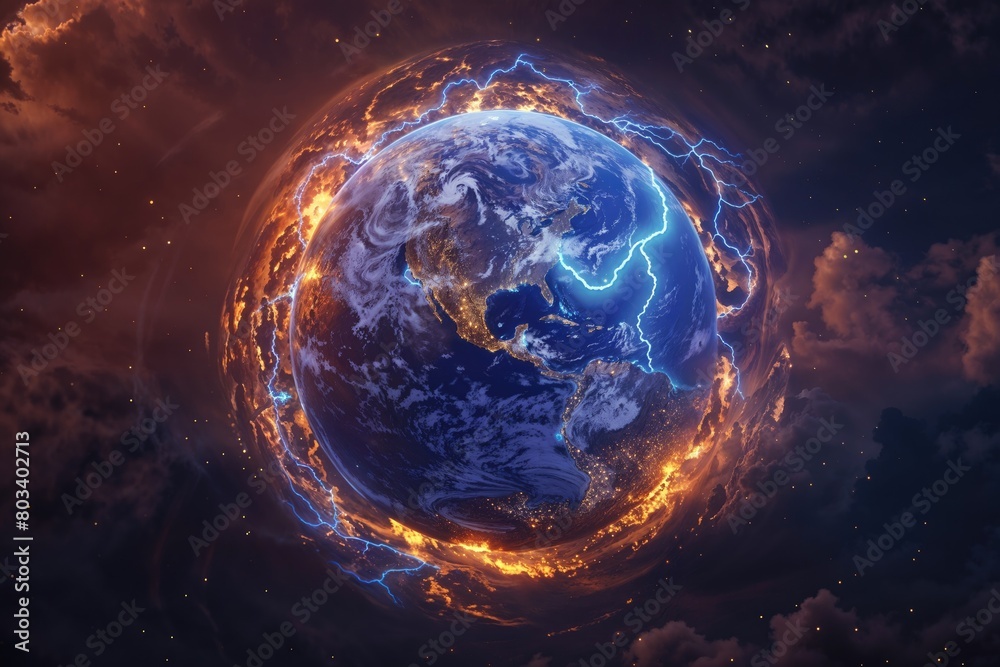 The image depicts a globe of the Earth surrounded by a ring of fire and ...