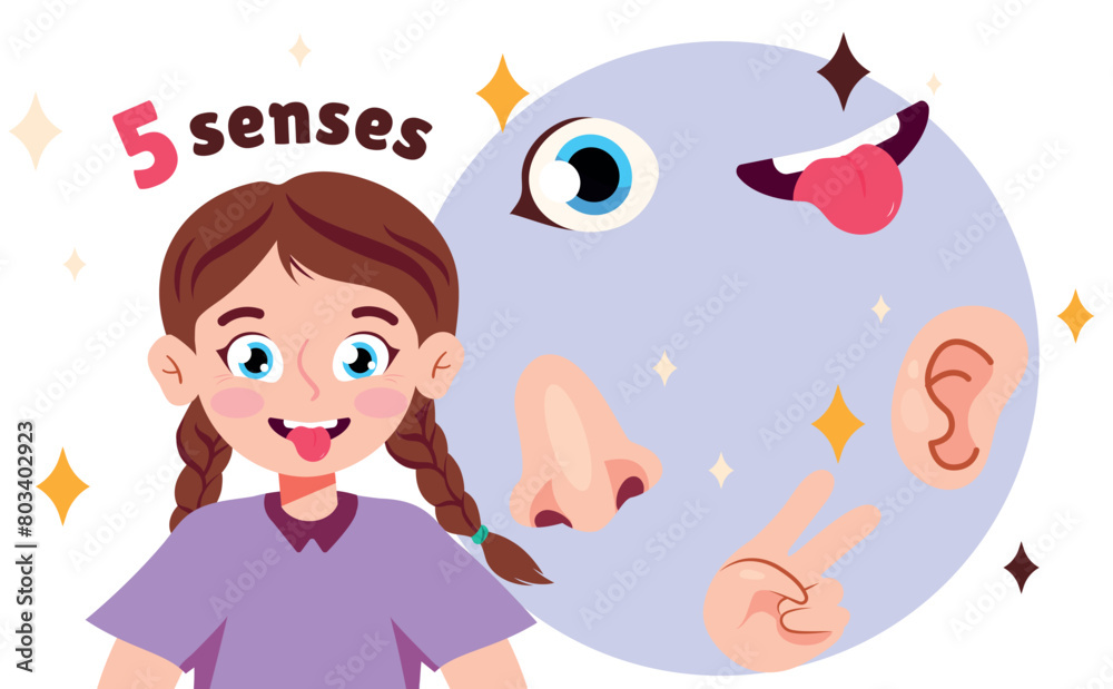Vector illustration of the five human senses. Cartoon scene of a happy ...