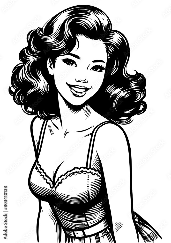 Pop Art Style Illustration Of A Smiling Woman With A Retro Hairstyle