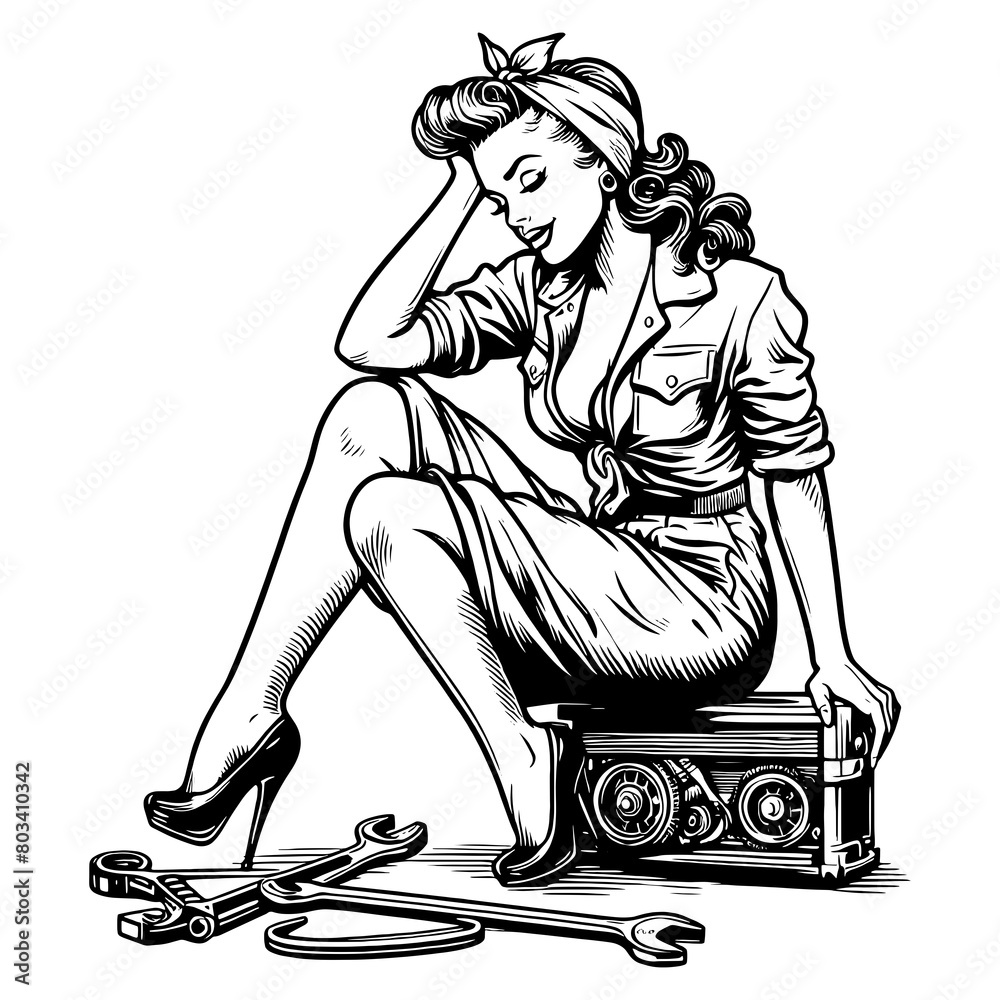 woman mechanic in a playful pose, with tools scattered around sketch ...
