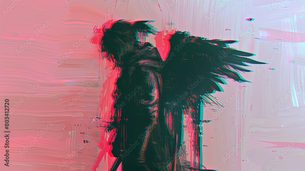 A fallen angel with outstretched wings and a sword in his hand. A ...