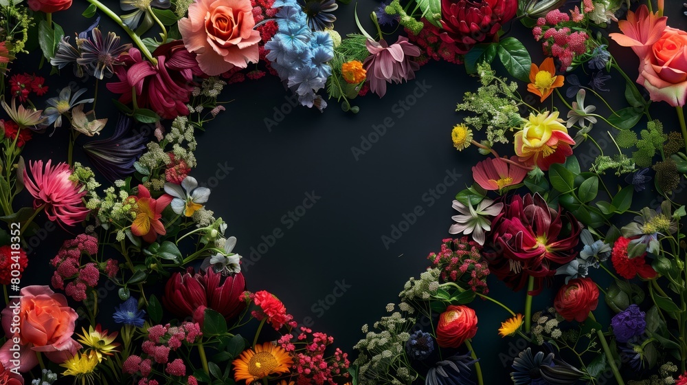 Elegant floral border on a dark background, featuring a vibrant array ...