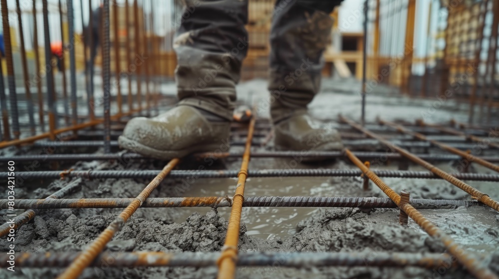 Ground-level image of a construction worker's feet on steel ...
