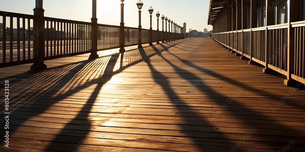 Outdoor boardwalk area with wooden floor and big shadows at sunset ...