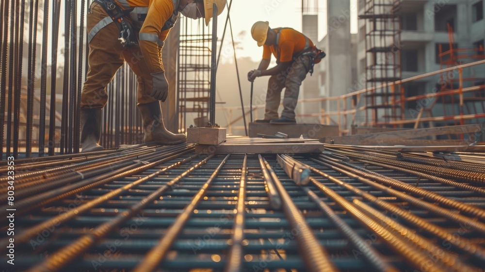 Two construction workers engage in reinforcing steel bars on a ...