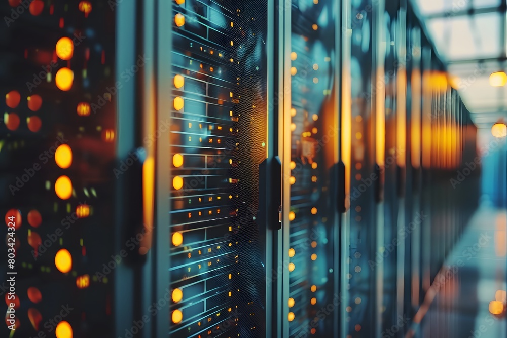 Data center with glowing LED lights. Modern technology and data storage ...