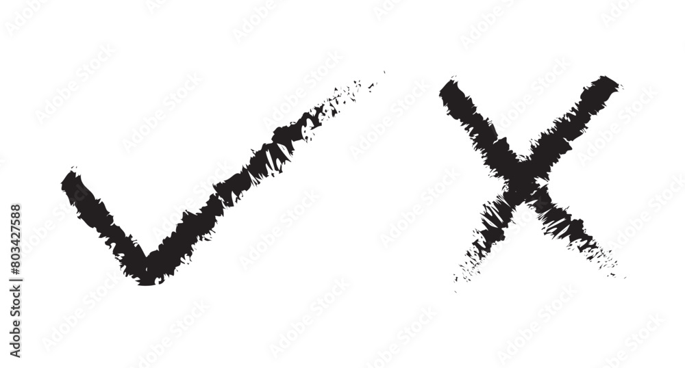Hand drawn check mark and cross mark icon, vector. Check mark and wrong ...