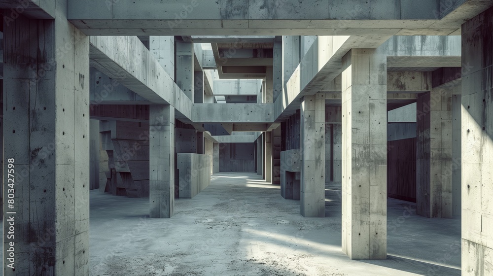A geometric array of intersecting concrete beams and pillars in a ...