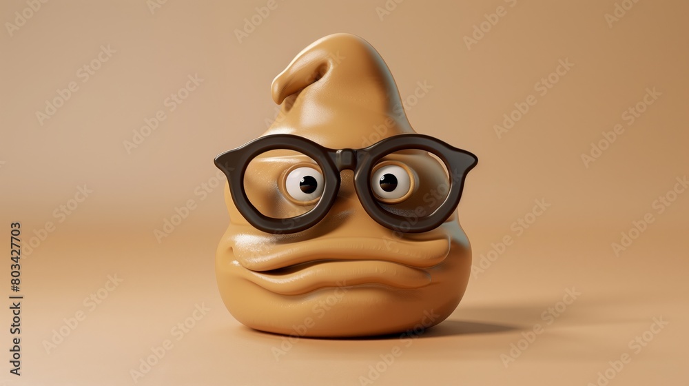 A whimsical depiction of a poop emoji character wearing large, black ...