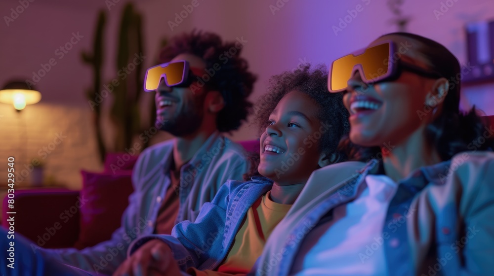 Group of happy people sharing time together while using VR headsets and ...