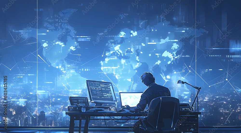 Businessman working on computer with digital map of global network and ...