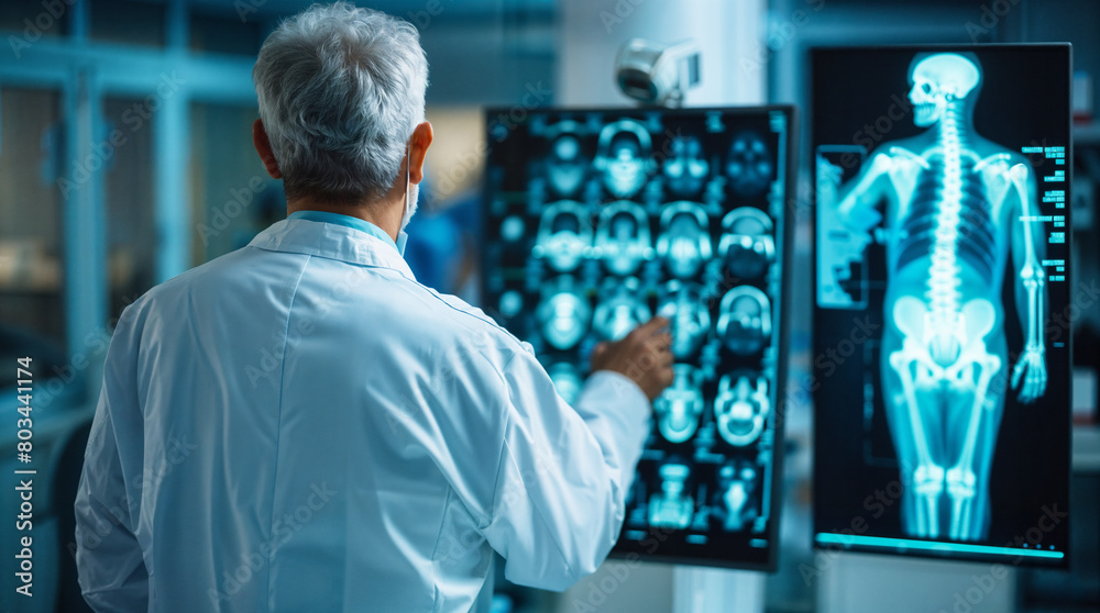 Surgeon doctor looking at x-ray scans of a patient bones, scan and ...