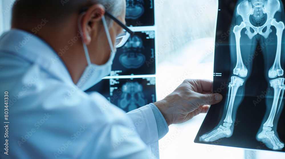 Surgeon doctor looking at x-ray scans of a patient bones, scan and ...