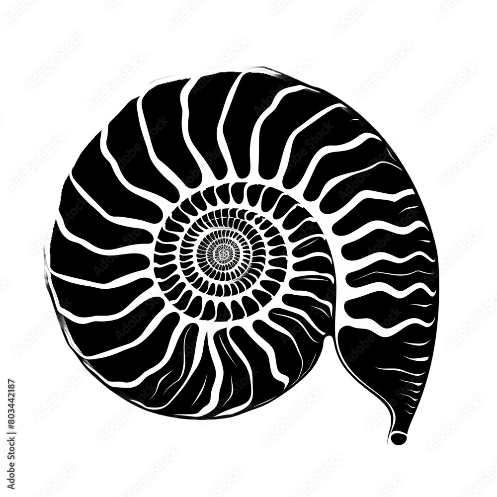 Ammonite fossil spiral shell logo black silhouette on white background ...