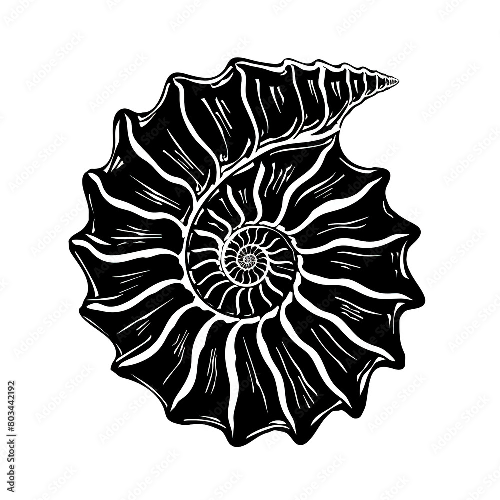 Ammonite fossil spiral shell logo black silhouette on white background ...