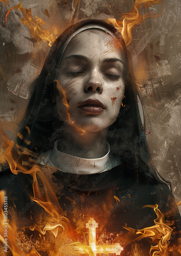 portrait of the nun in front, with her eyes closed and an aura around ...