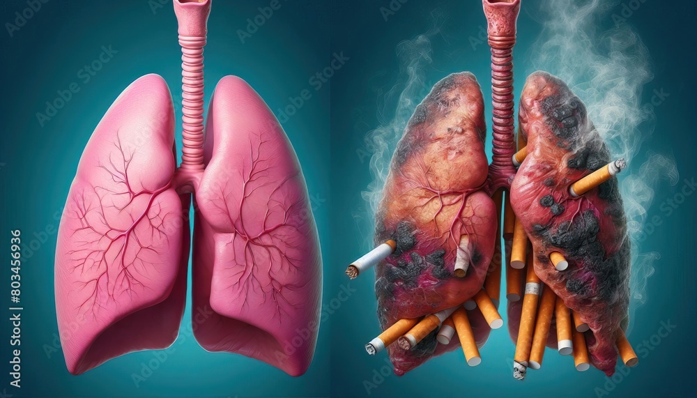 healthy pink lungs on left with damaged blackened lungs surrounded by ...