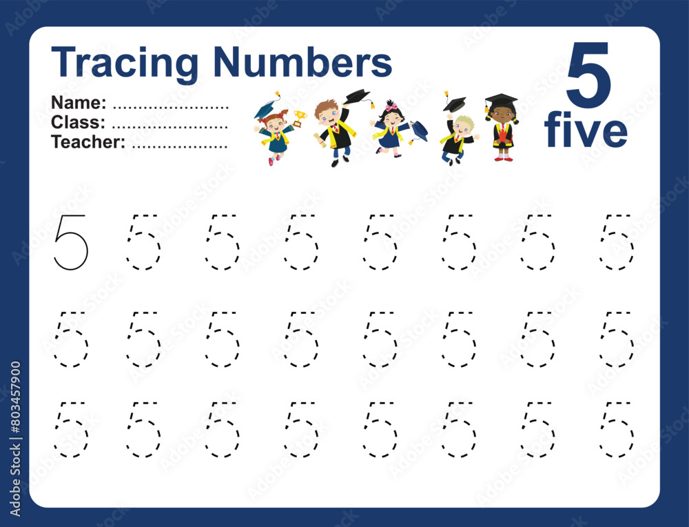 Trace and write number for children. Exercise for children to recognize ...