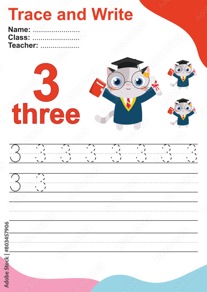 Trace and write number for children. Exercise for children to recognize ...