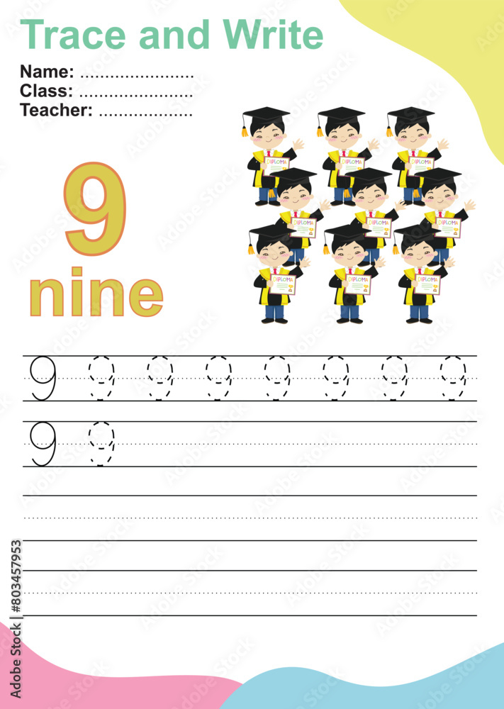 Trace and write number for children. Exercise for children to recognize ...