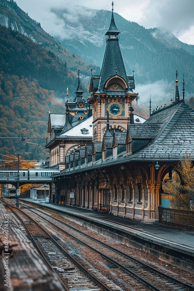 A historic railway station with ornate architecture and a train stopped ...