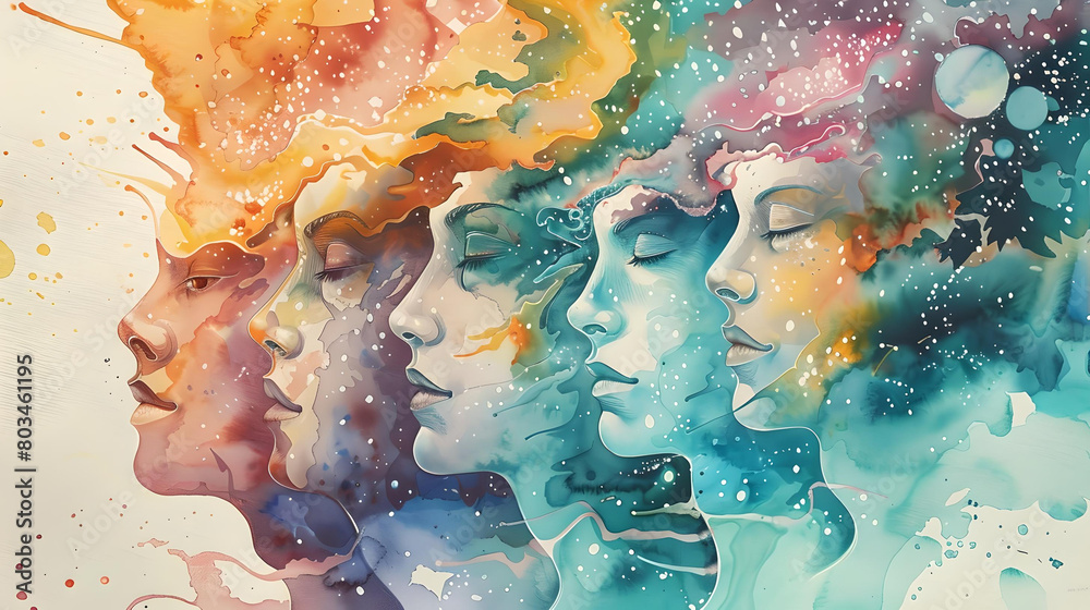 Collective consciousness, abstract human profiles painted in watercolor ...