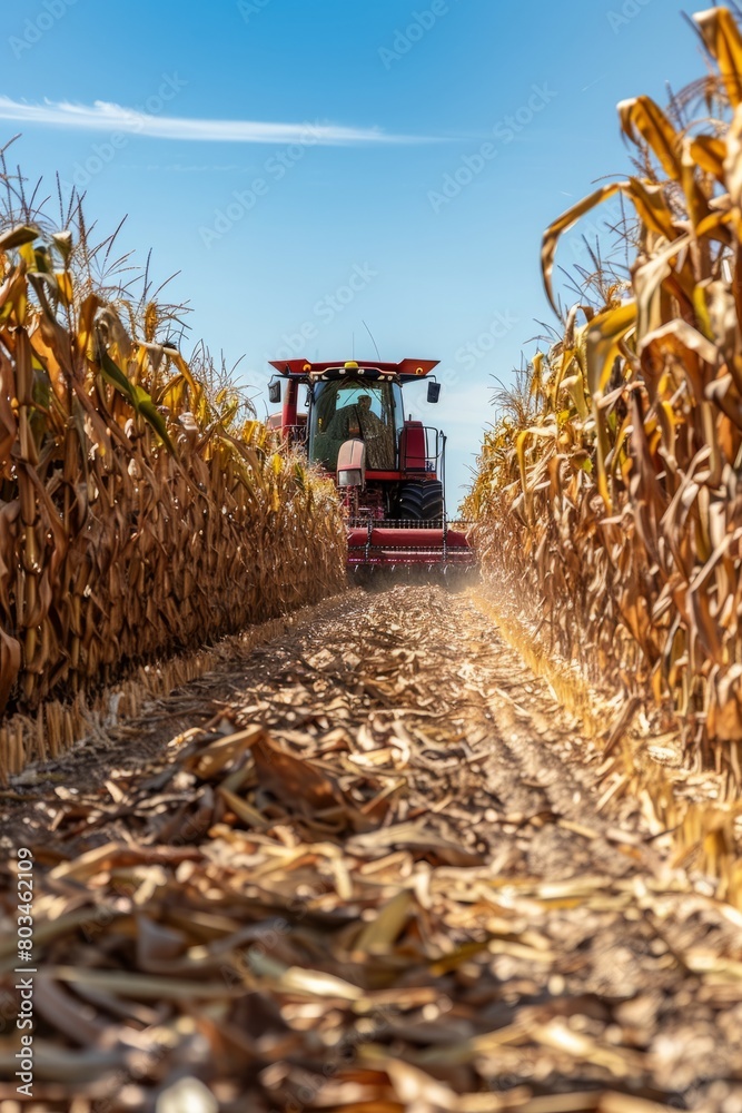 A VetalVit tractor is harvesting ripe corn under a clear blue sky in a ...