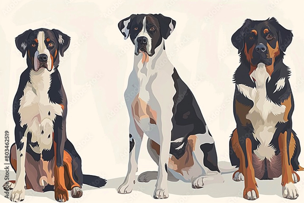 Three Rottweilers sit on a bright white background with a strong facial ...