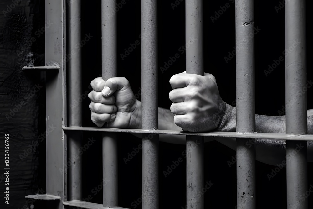 Desperate hands clutching jail cell bars in black and white dramatic ...