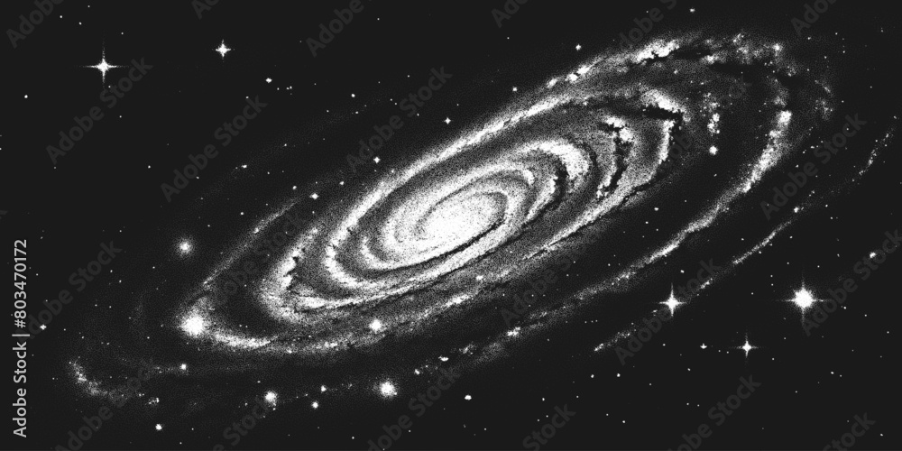 Deep space scene background in stippling style with huge glowing spiral ...