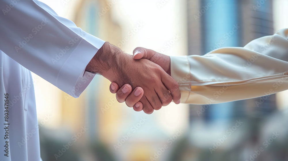 Muslim dressed Arab businessman shaking hands. Muslim Men Teamwork ...