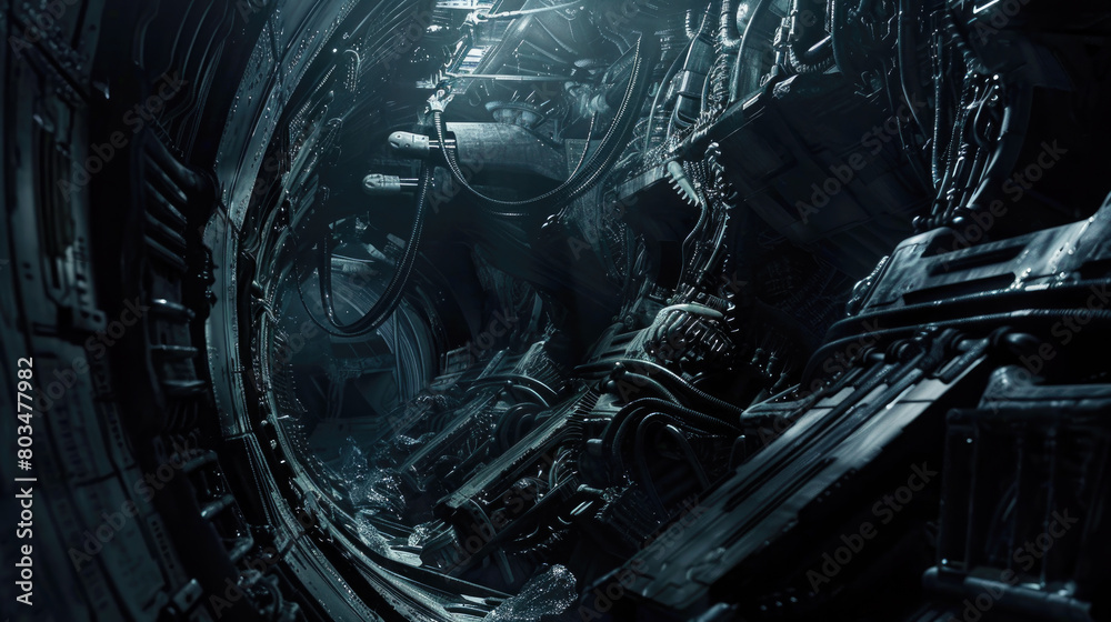 Scary dark interior of alien spaceship, spooky gloomy corridor inside ...