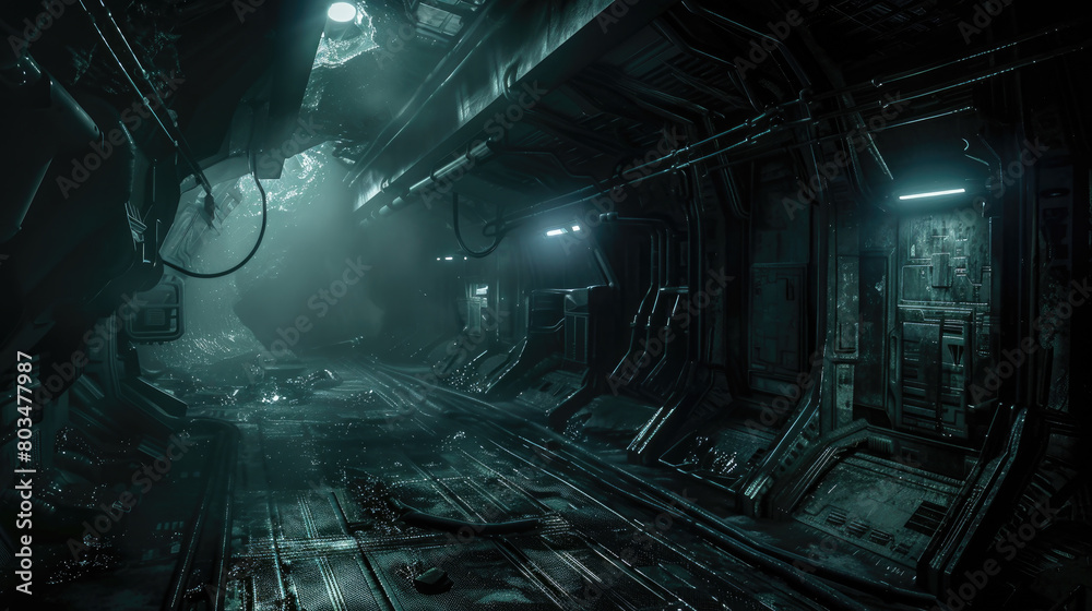 Scary dark interior of alien spaceship or base, spooky gloomy corridor ...