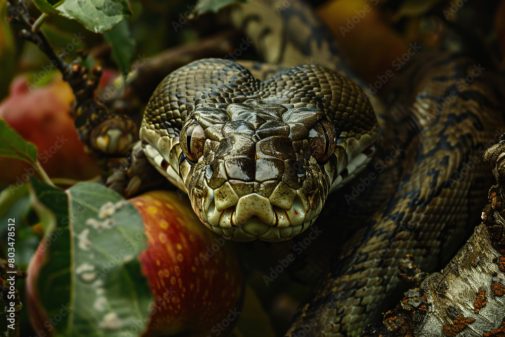 The snake in the Garden of Eden, a snake in a tree surrounded by The ...