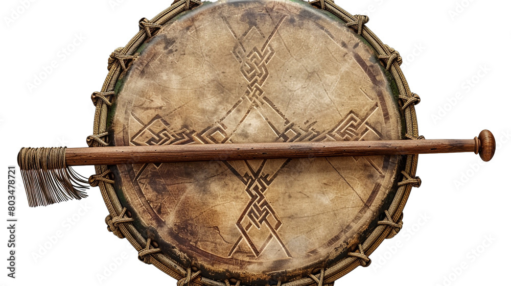 A traditional Irish bodhrán drum with a tipper on a transparent ...