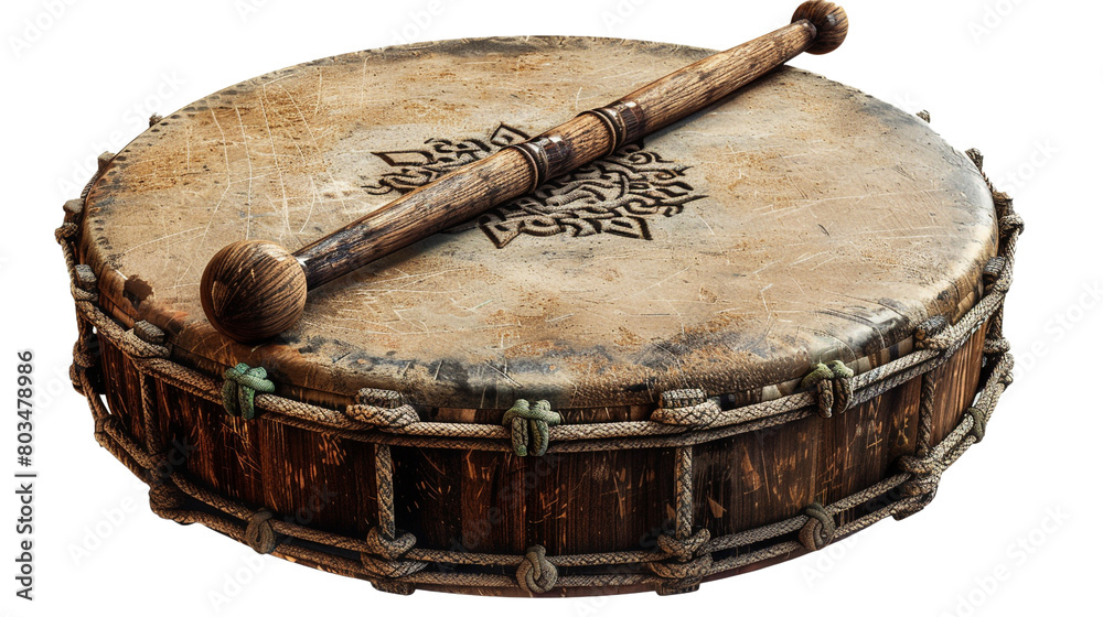 A traditional Irish bodhrán drum with a tipper on a transparent ...