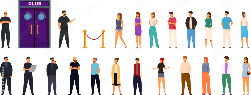 Face control party icons set cartoon vector. Security invitation. Staff ...