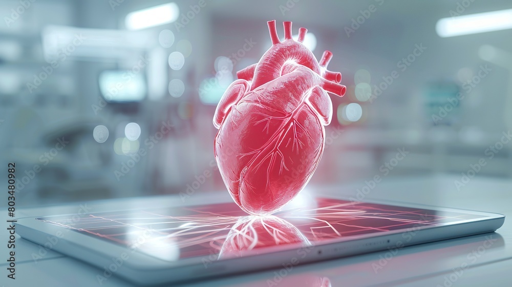 Illustration of a 3D hologram of the human heart in red color on a ...