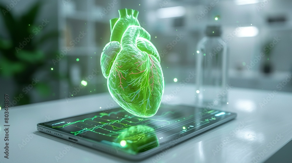 Illustration of a 3D hologram of the human heart in green color on a ...