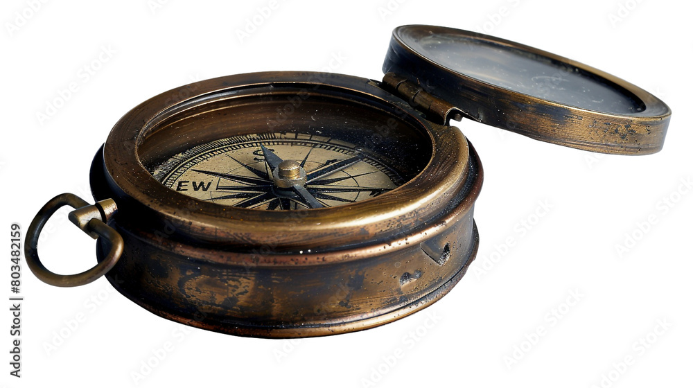 A vintage brass compass with a hinged lid on a transparent background ...