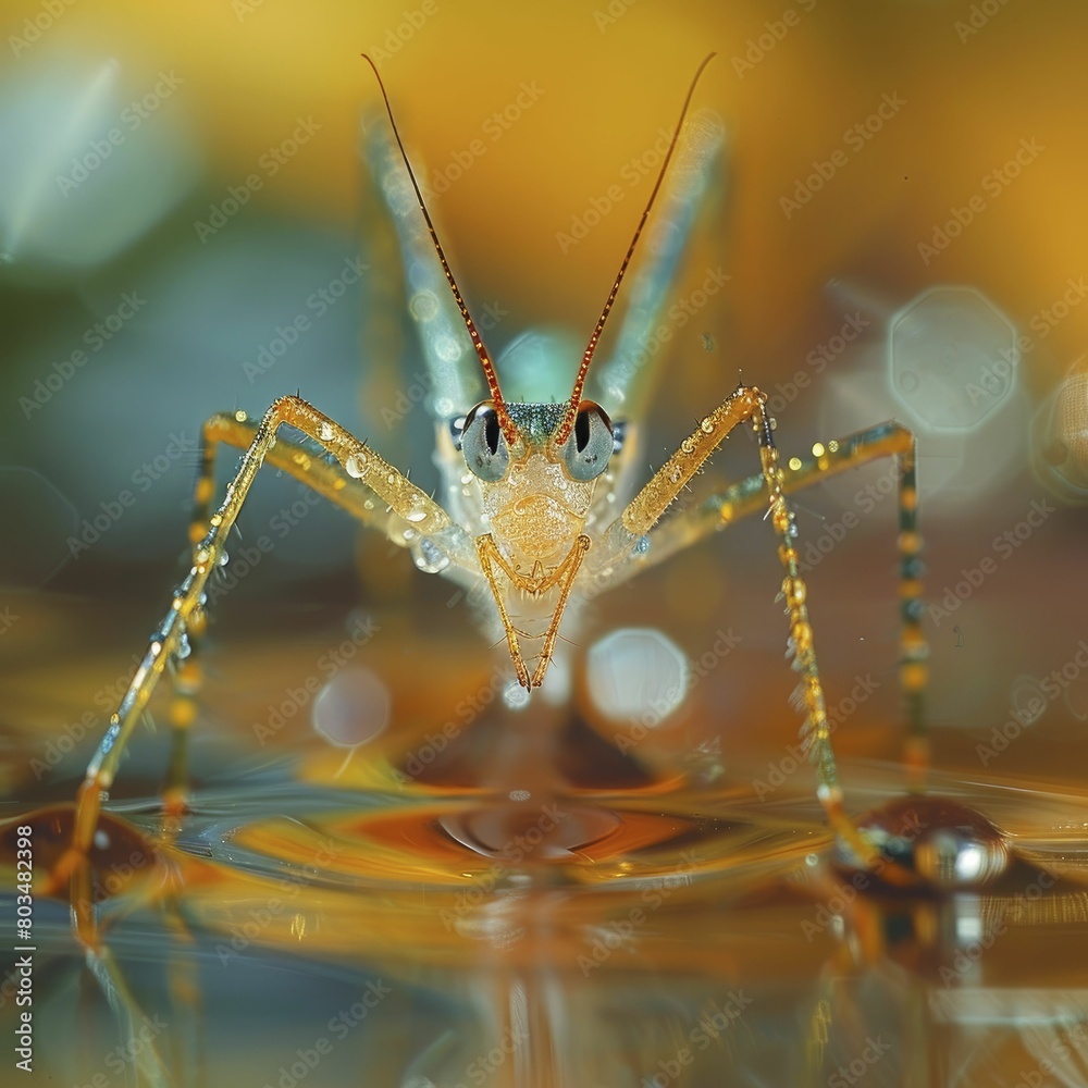 Hyperreal images of a water strider on surface tension, high detail macro photography, suitable ...