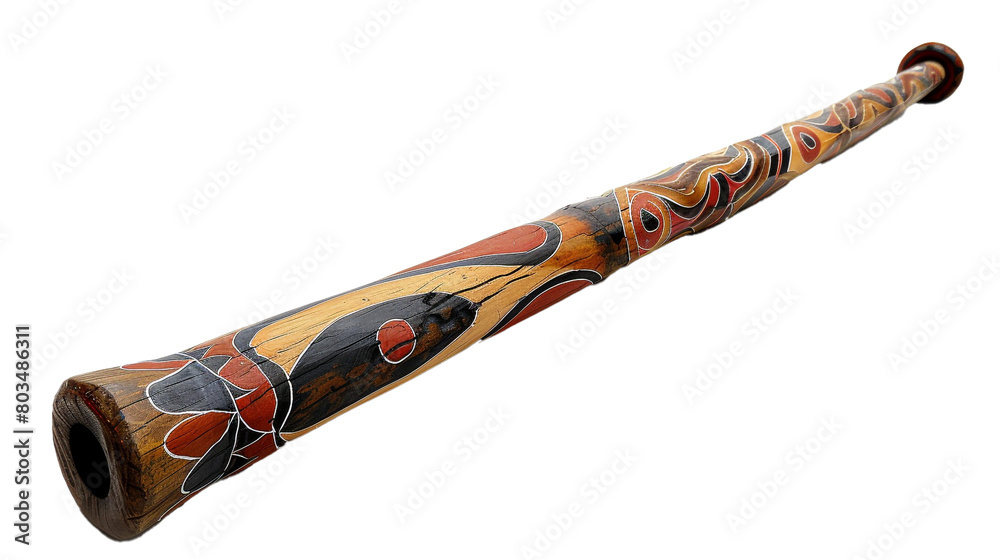 An Australian didgeridoo with aboriginal art on a transparent ...