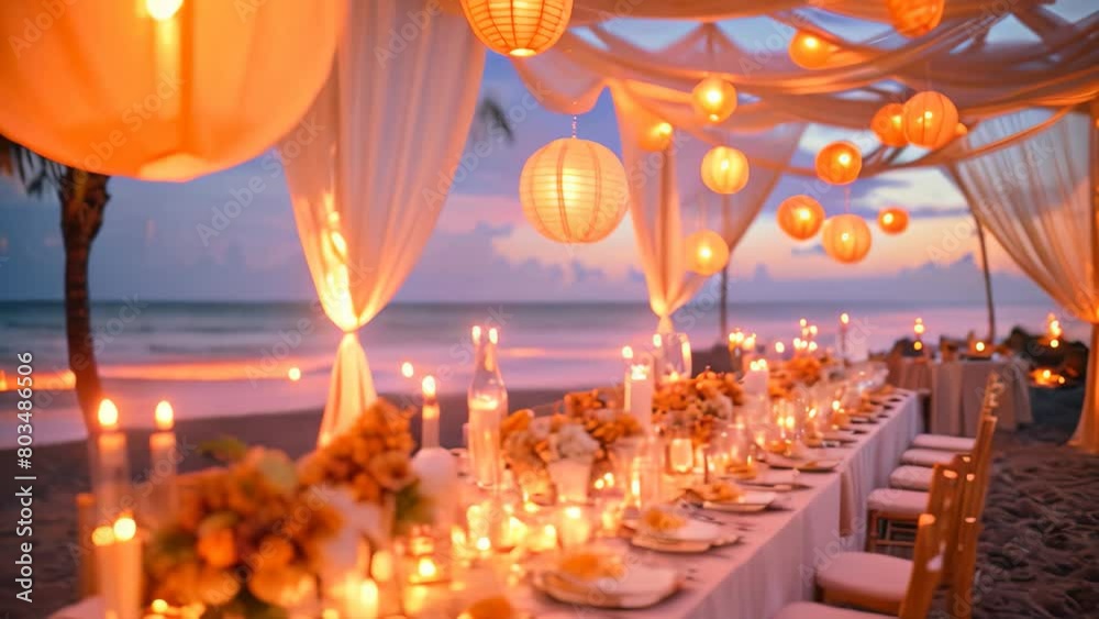 A long table with an elegant setup for a dinner event on the beach ...