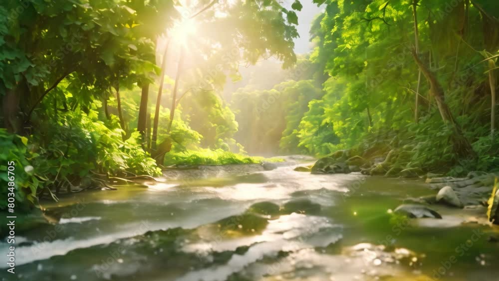 A river cuts through a dense green forest, showcasing the captivating ...