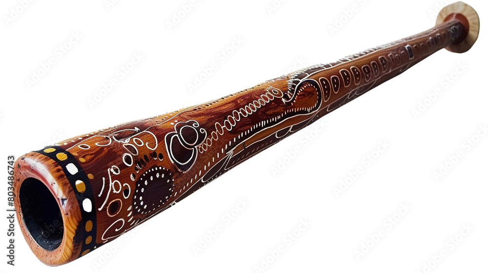 An Australian didgeridoo with aboriginal art on a transparent ...